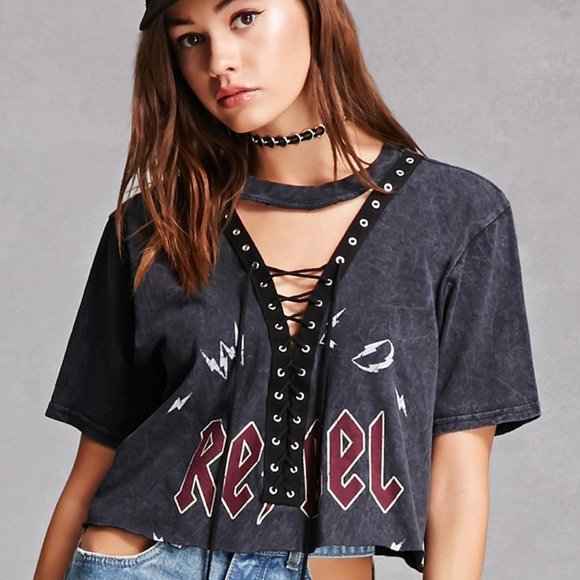 Forever 21 | Tops | Forever 2 Rebel Rock N Roll Lace Up Crop Top | Poshmark